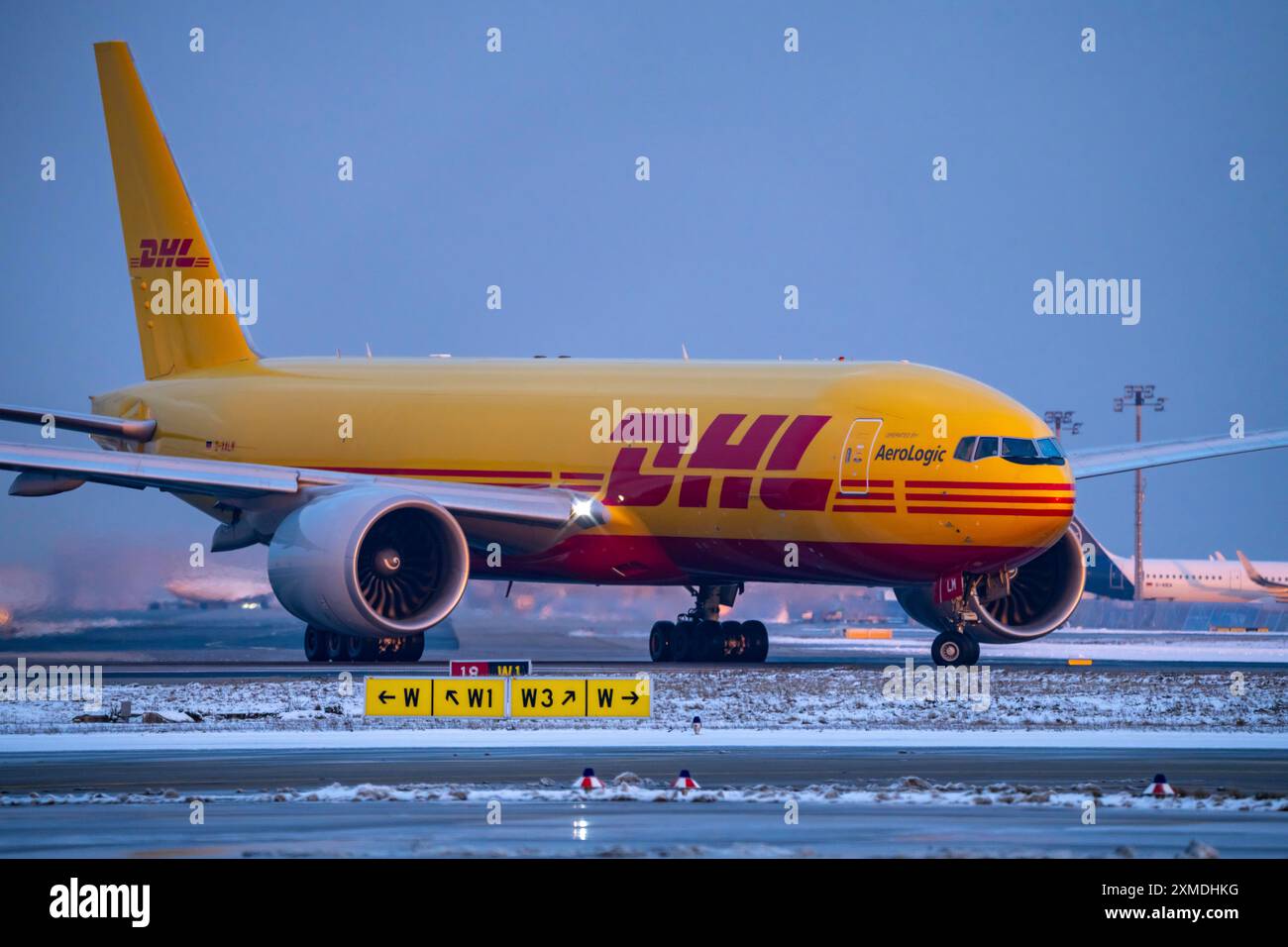 DHL, AeroLogic, Boeing 777F, on the taxiway to Runway West, Frankfurt ...