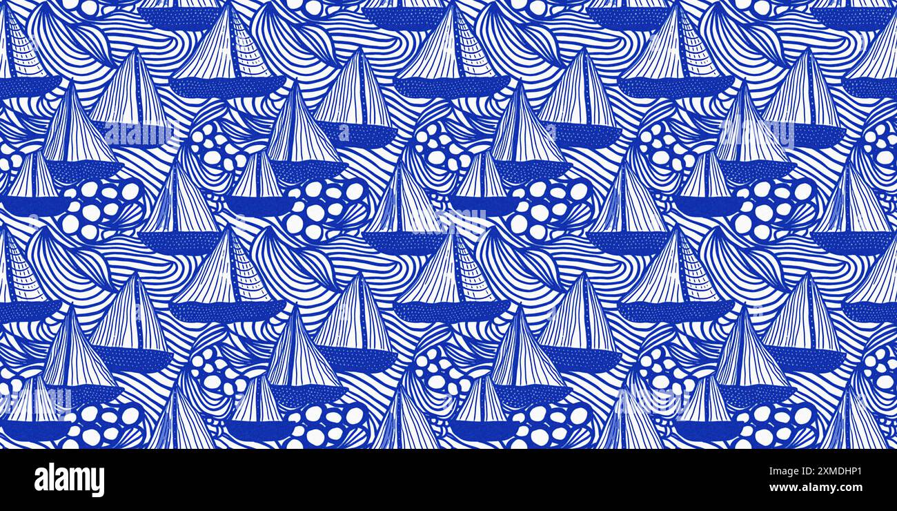 Coastal sail boat in azure ocean blue seamless border background ...