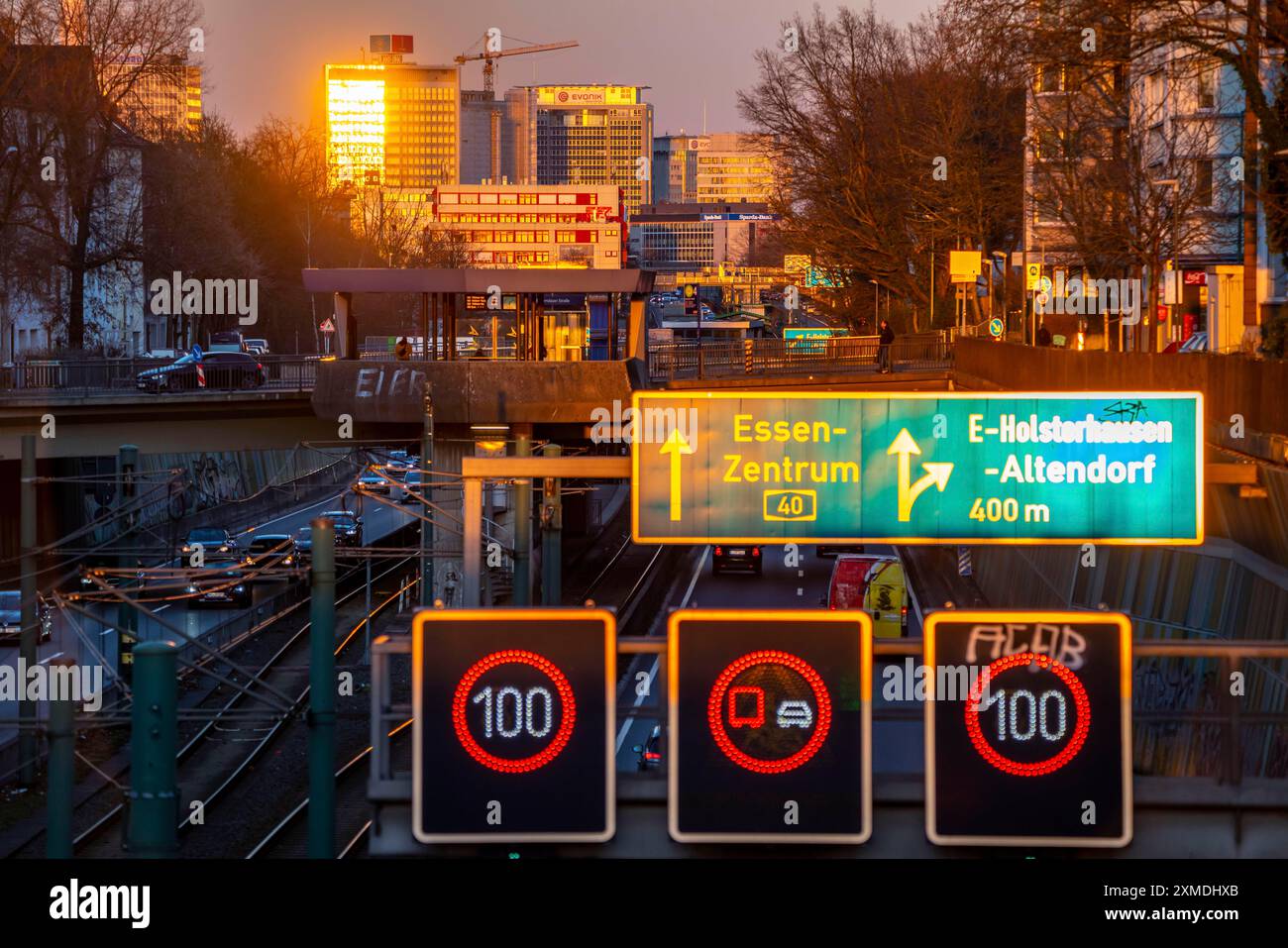The skyline of Essen city centre, A40 motorway, Ruhr Expressway, North ...