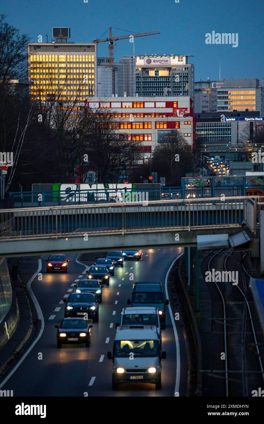 The skyline of Essen city centre, A40 motorway, Ruhr Expressway, North ...
