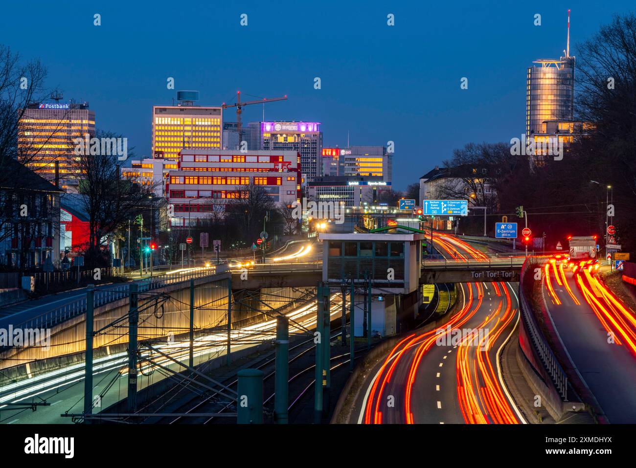 The skyline of Essen city centre, A40 motorway, Ruhr Expressway, North ...