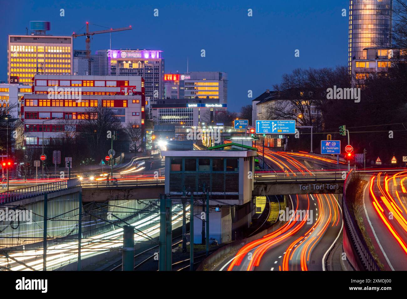 The skyline of Essen city centre, A40 motorway, Ruhr Expressway, North ...