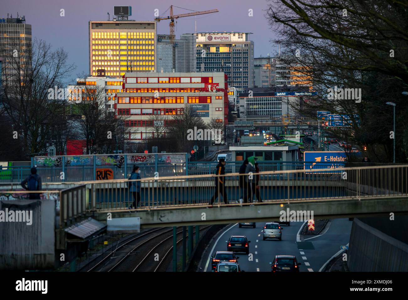 The skyline of Essen city centre, A40 motorway, Ruhr Expressway, North ...