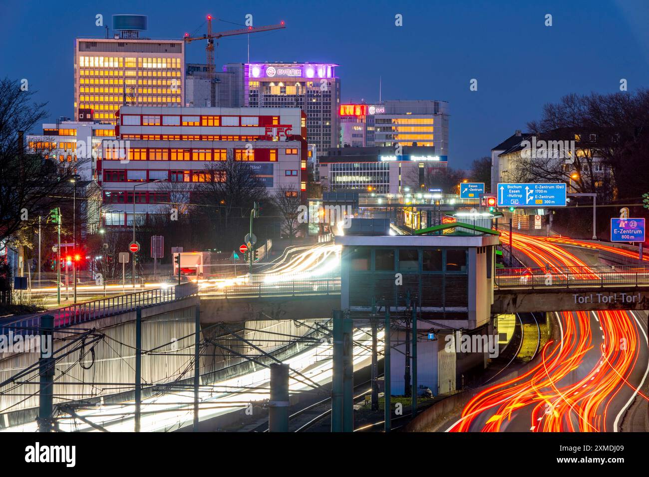The skyline of Essen city centre, A40 motorway, Ruhr Expressway, North ...