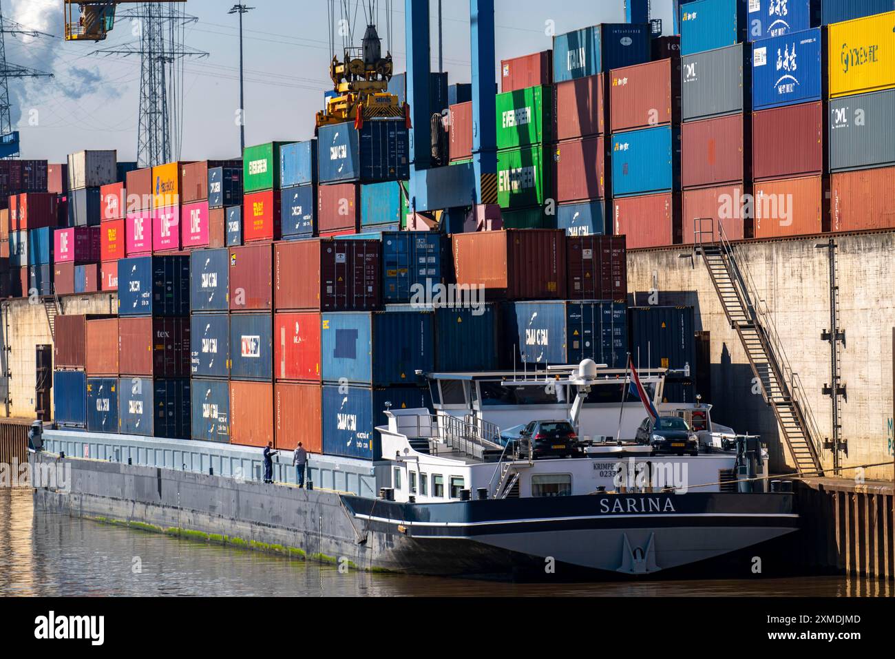 Container cargo ship in the harbour basin of the Logport, gantry cranes ...