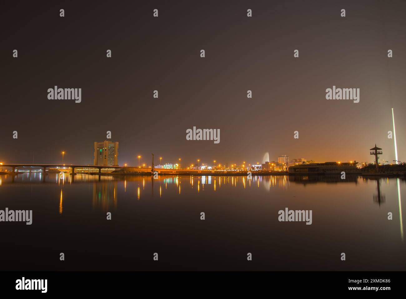 Night View of Jeddah Ruwais Area Featuring Jeddah Flagpole and Water ...