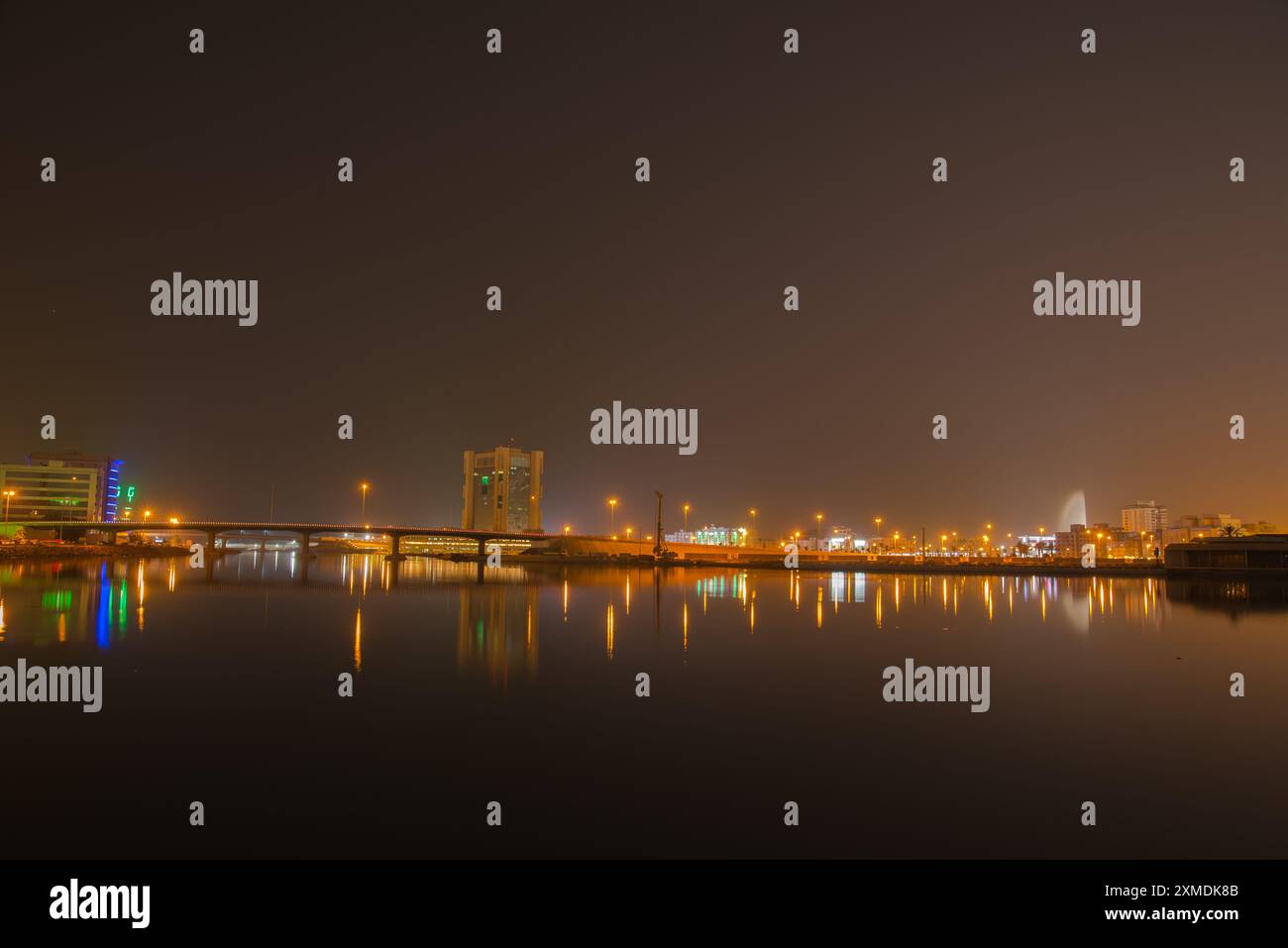 Night View of Jeddah Ruwais Area Featuring Jeddah Flagpole and Water ...