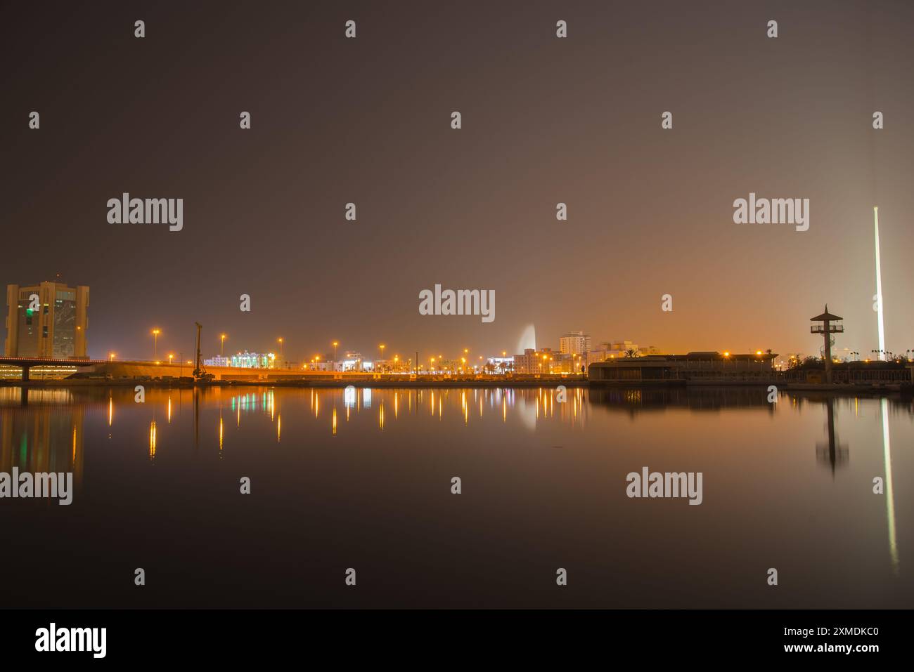 Night View of Jeddah Ruwais Area Featuring Jeddah Flagpole and Water ...