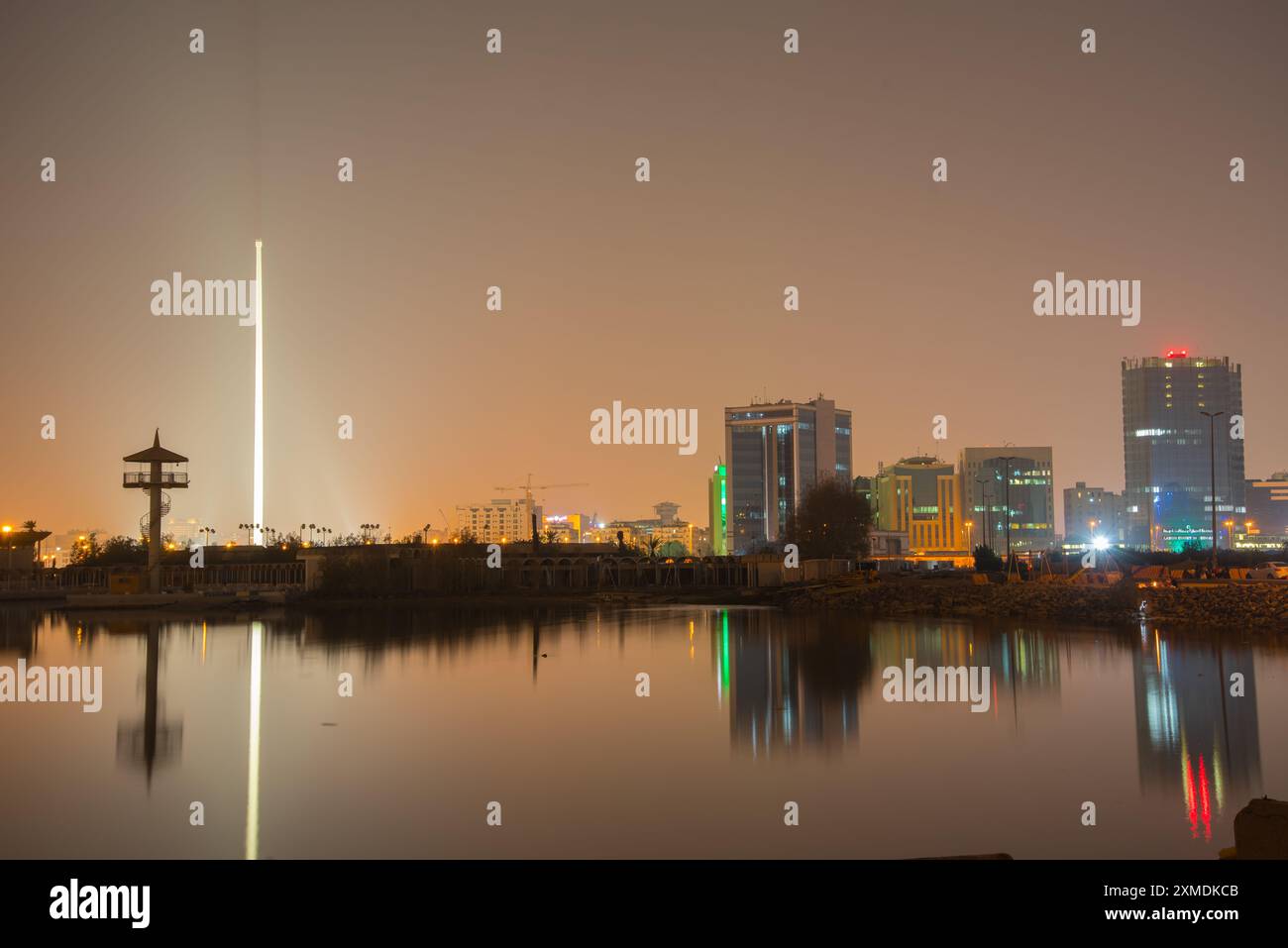 Night View of Jeddah Ruwais Area Featuring Jeddah Flagpole and Water ...