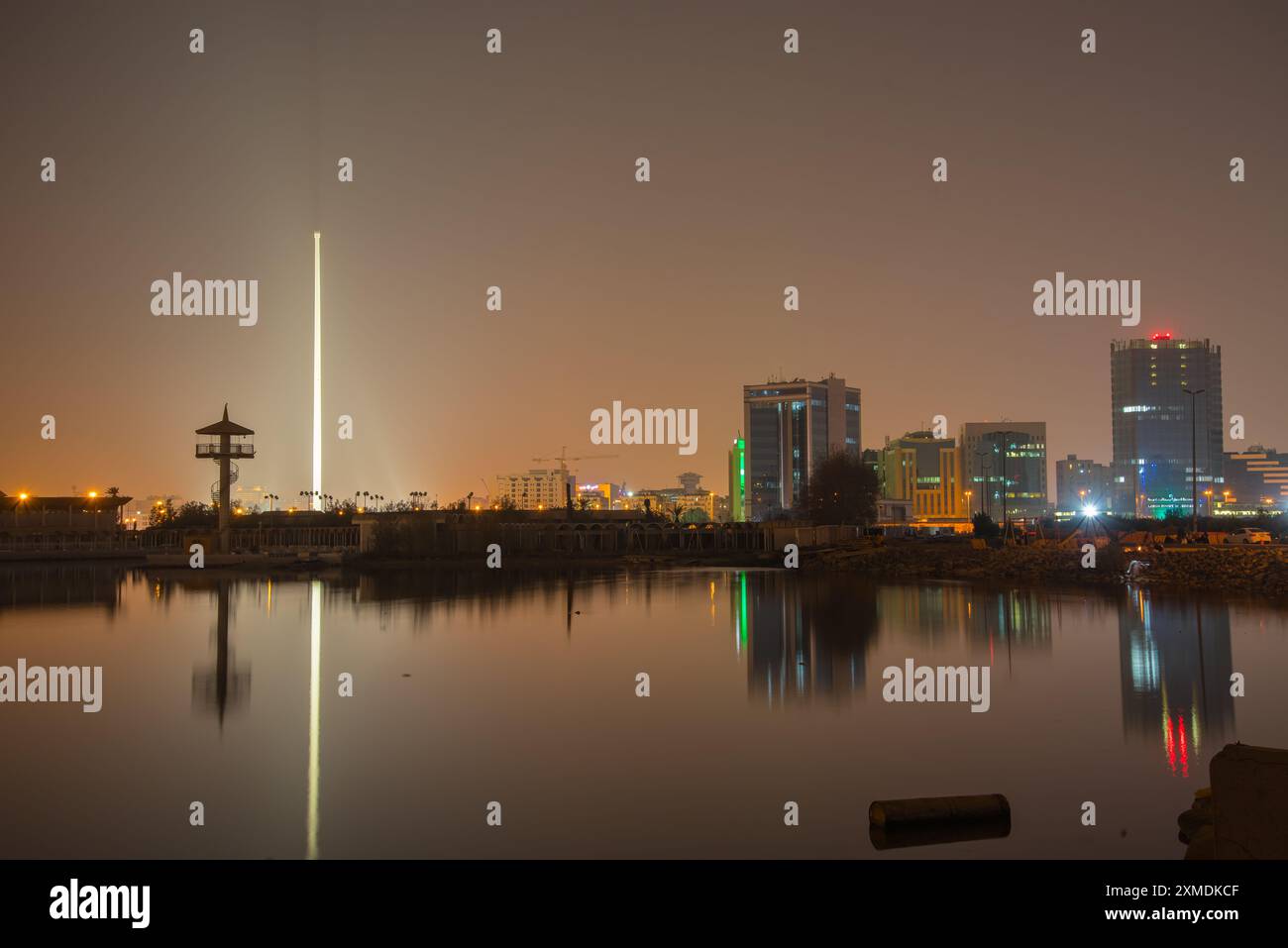 Night View of Jeddah Ruwais Area Featuring Jeddah Flagpole and Water ...