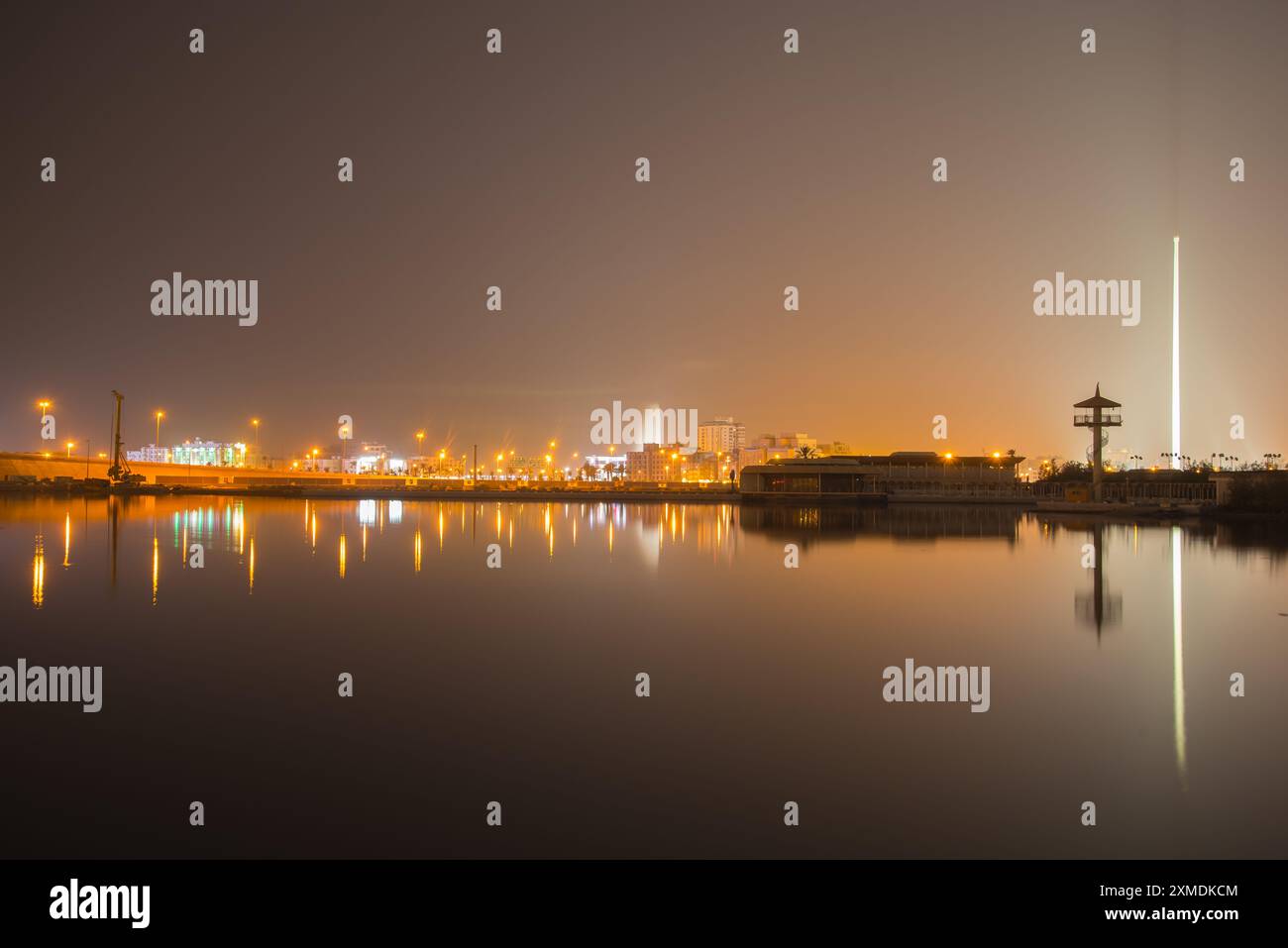 Night View of Jeddah Ruwais Area Featuring Jeddah Flagpole and Water ...