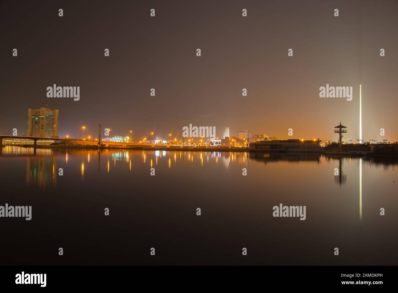 Night View of Jeddah Ruwais Area Featuring Jeddah Flagpole and Water ...