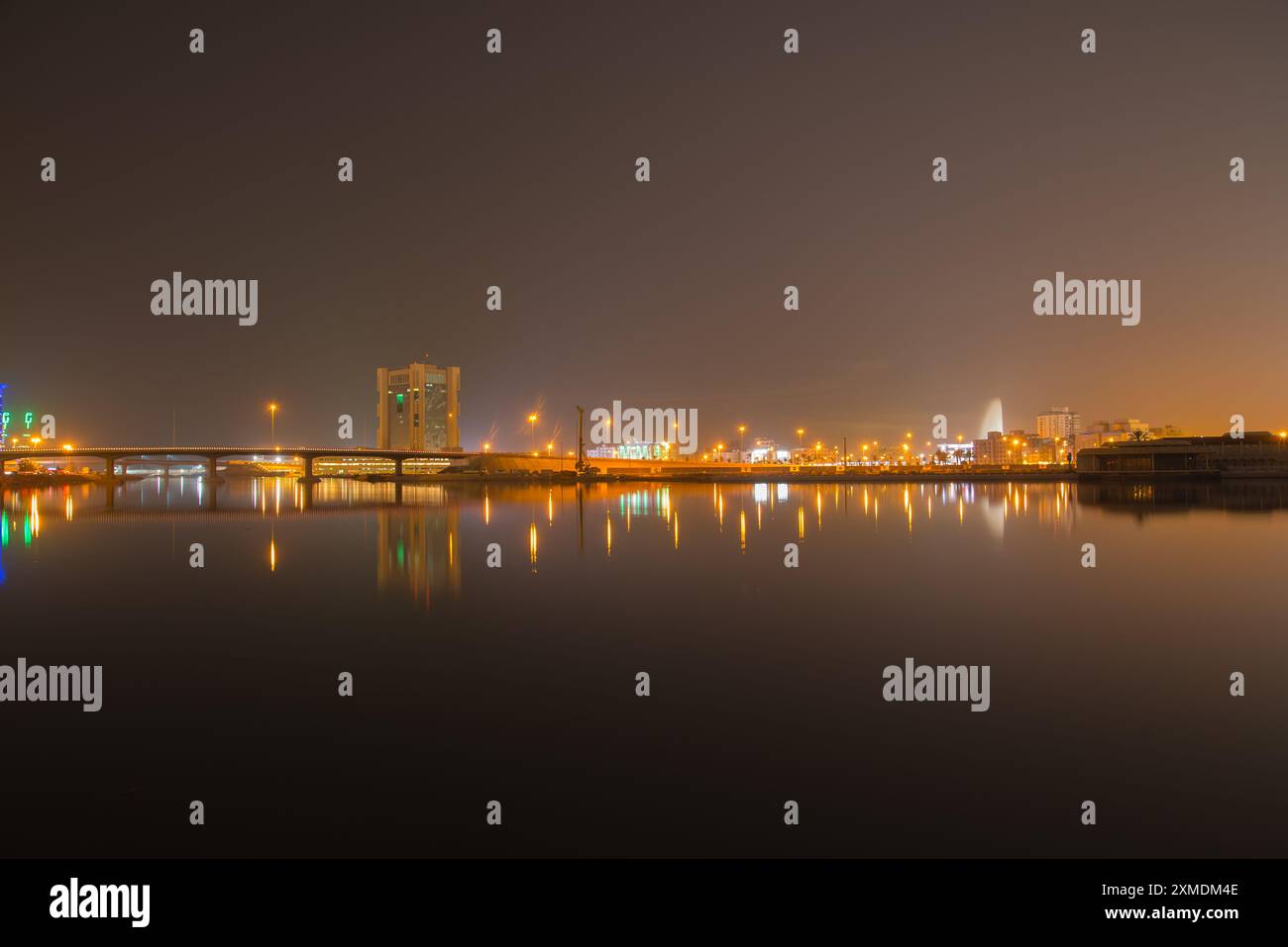 Night View of Jeddah Ruwais Area Featuring Jeddah Flagpole and Water ...