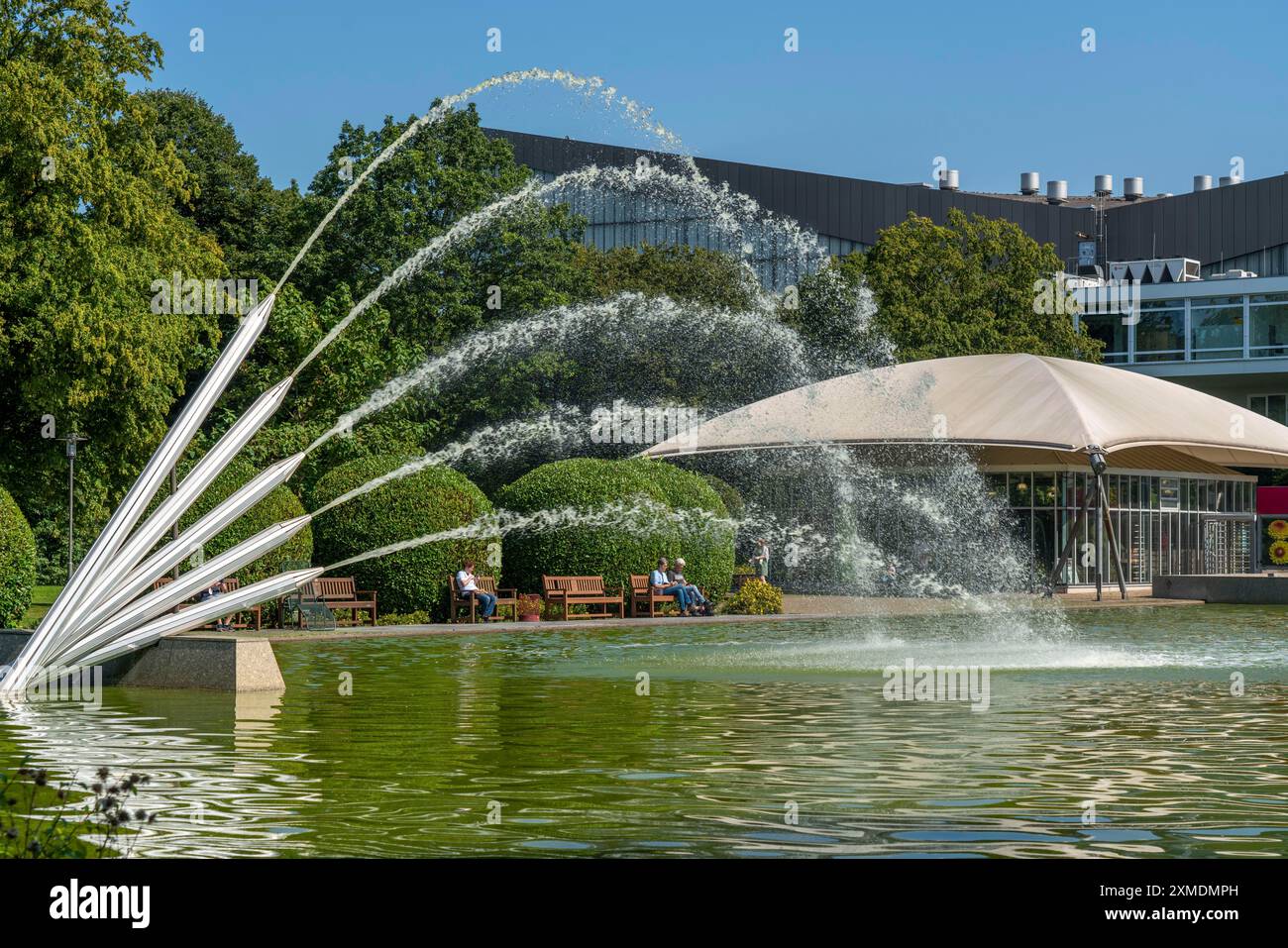 The Grugapark in Essen, main entrance, Grugahalle, water features, pond ...