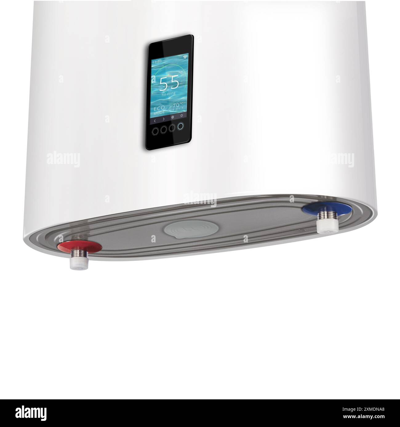 Close-up modern tanked boiler in bathroom. Household smart water heater ...