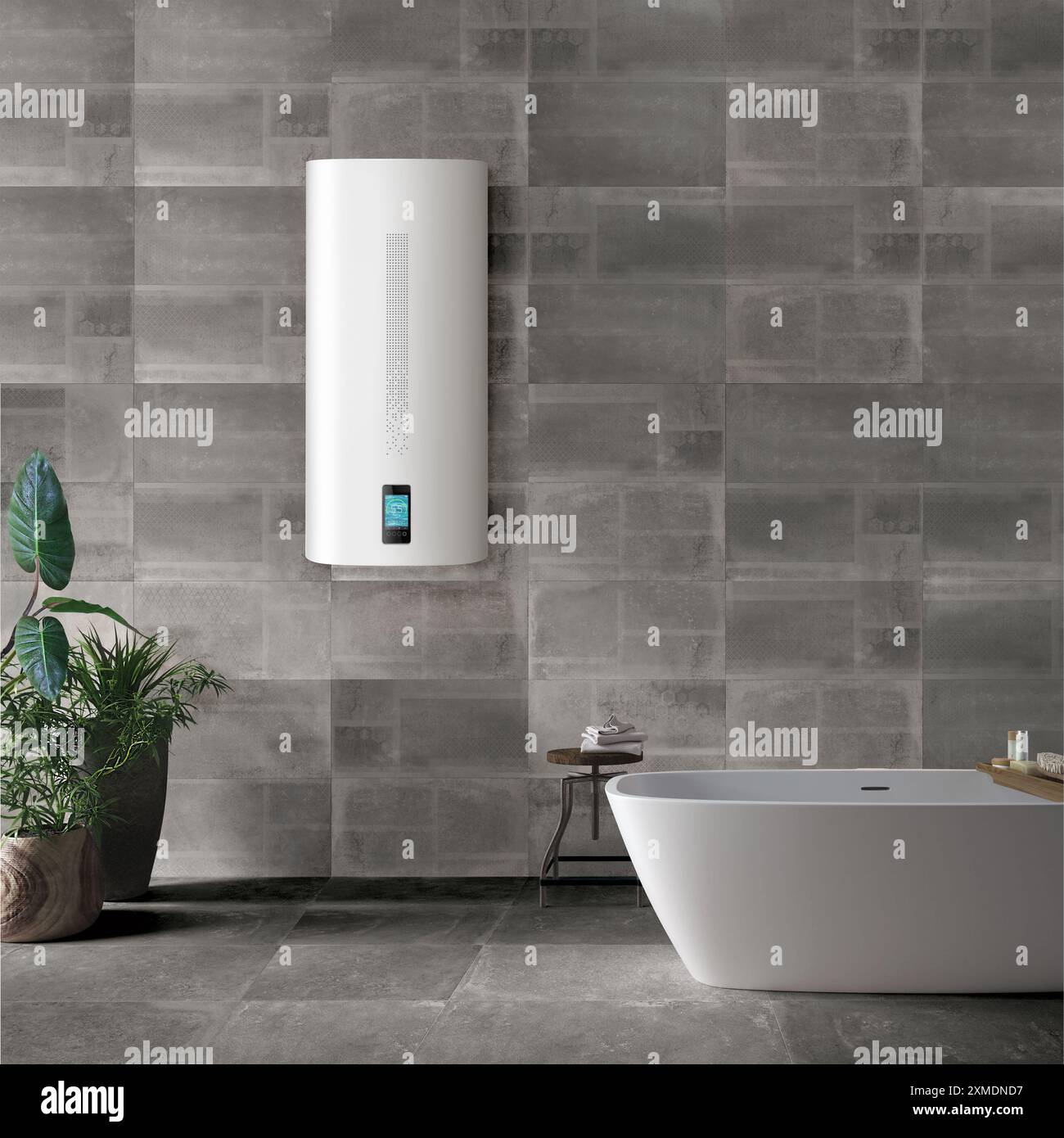 Modern tanked boiler in bathroom. Household smart water heater hanging ...