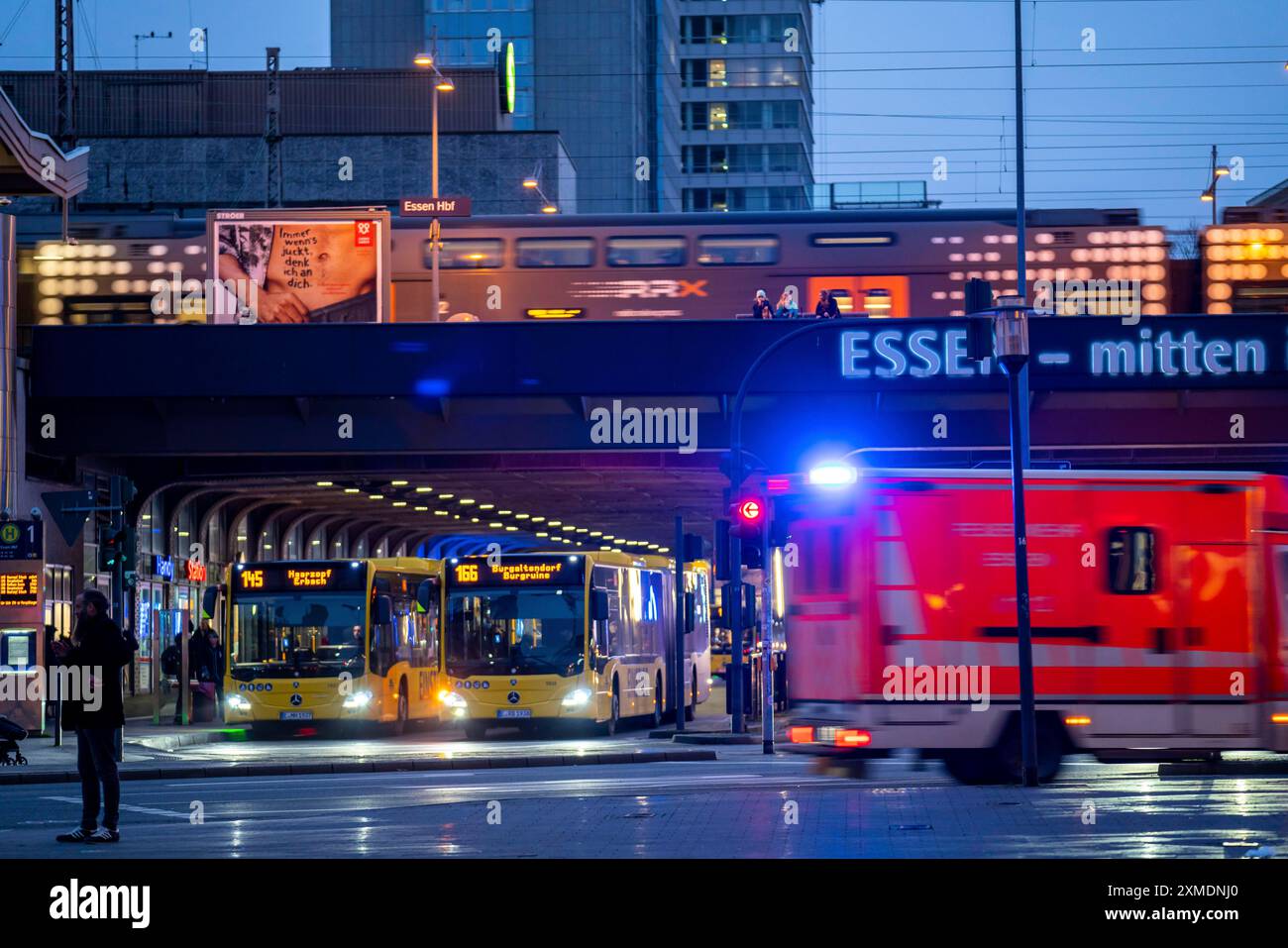 Essen main station, RRX local train, road subway, bus station, bus ...