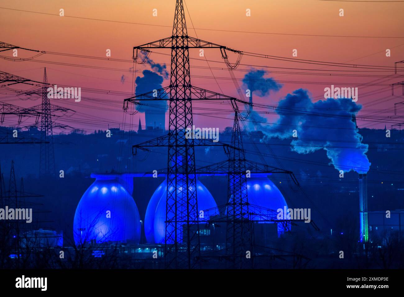 Digesters of the Emscher sewage treatment plant Bottrop, illuminated ...