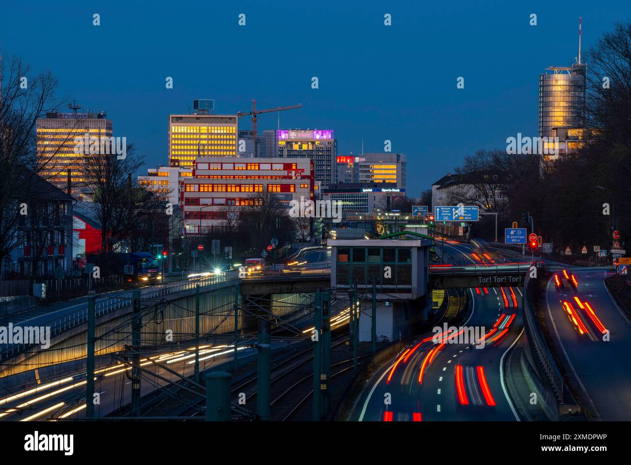The skyline of Essen city centre, A40 motorway, Ruhr Expressway, North ...