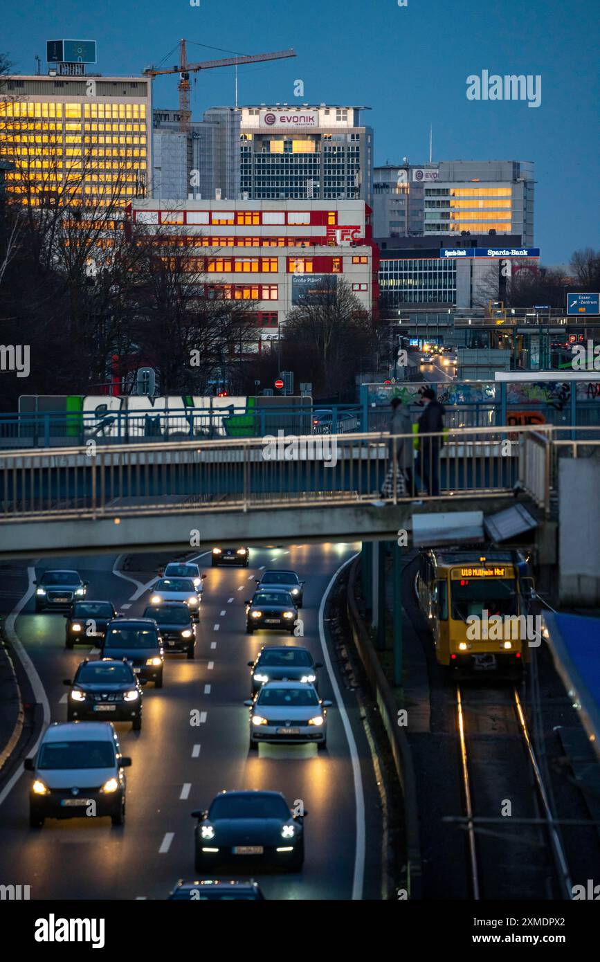 The skyline of Essen city centre, A40 motorway, Ruhr expressway, tram ...