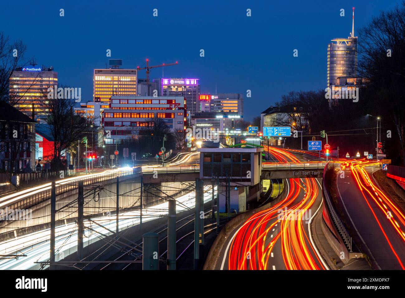 The skyline of Essen city centre, A40 motorway, Ruhr Expressway, North ...