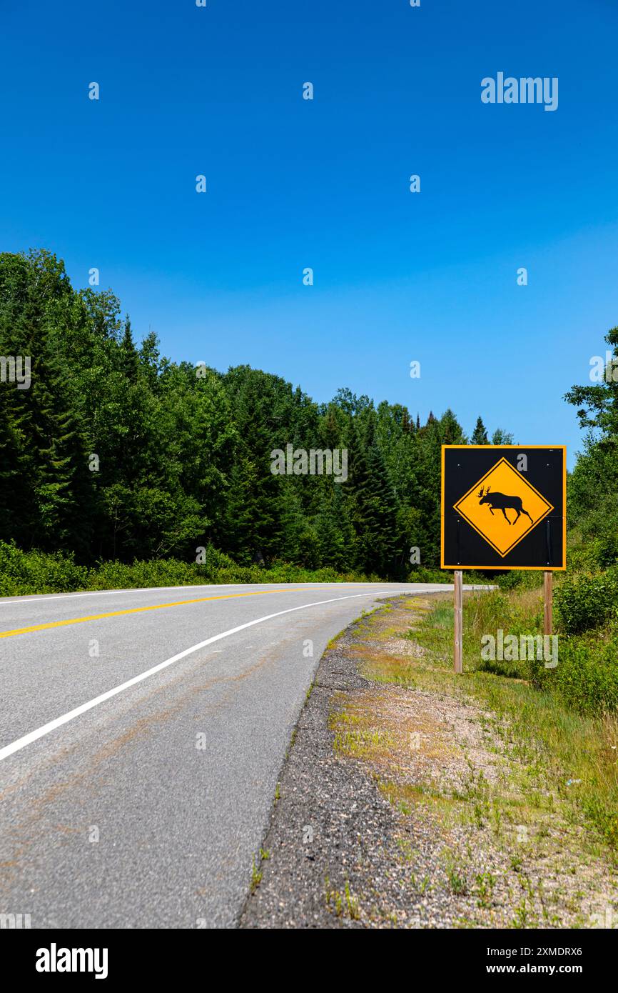 Moose awareness sign along highway 60 in Algonquin Park in Ontario ...