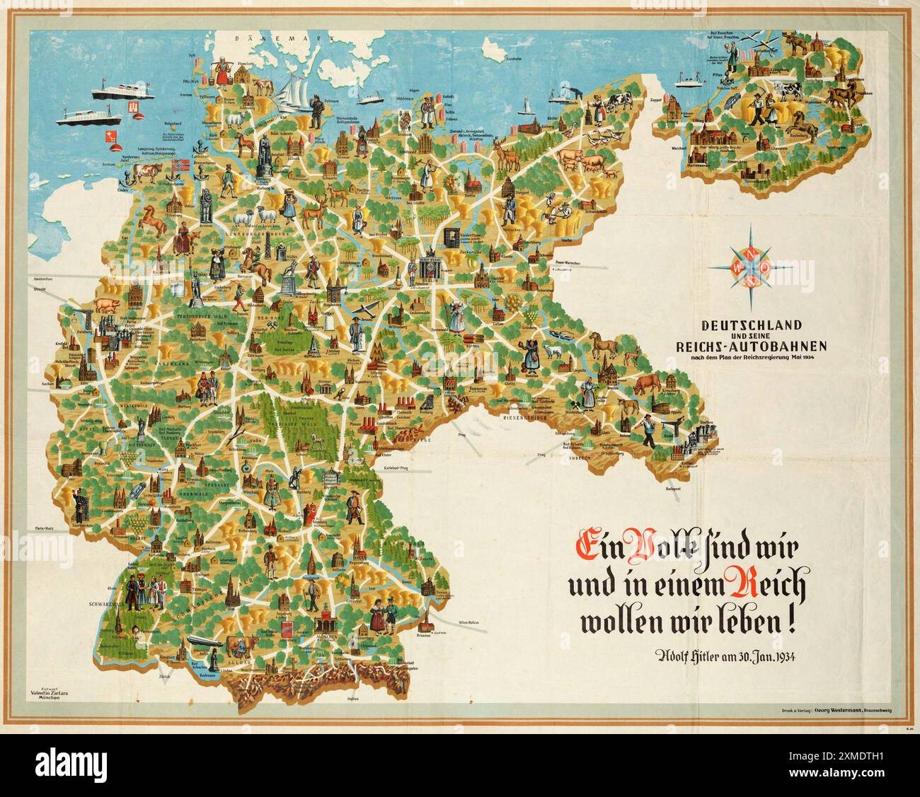 A 1934 nazi propaganda poster showing the planned network of motorways ...