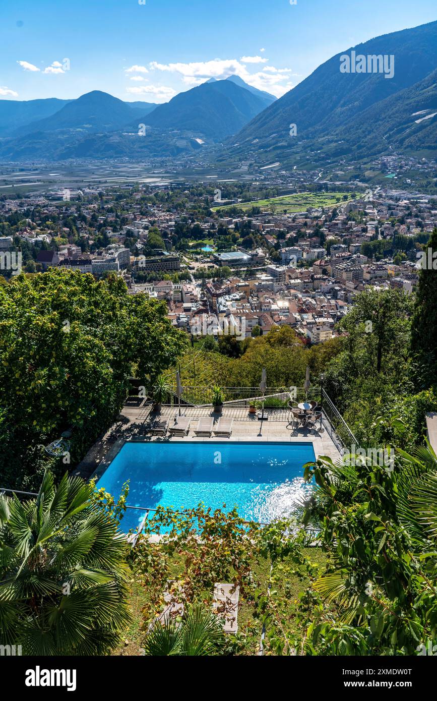 View of Merano from the mountain station of the chairlift to Dorf Tyrol ...