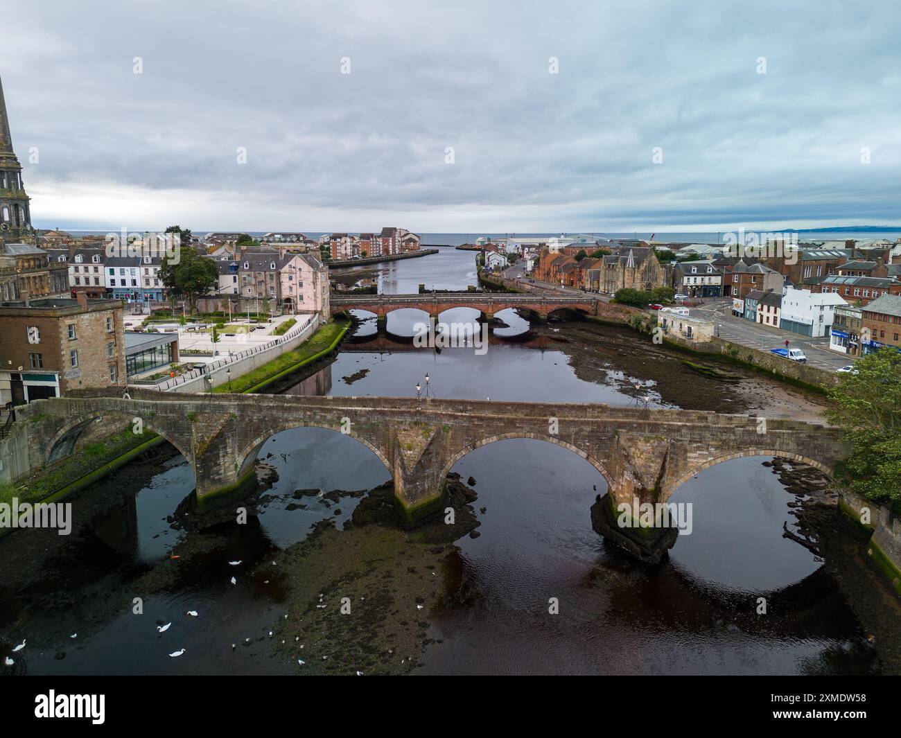 Drone view of the bridges spanning the river ayr in scotland connecting ...