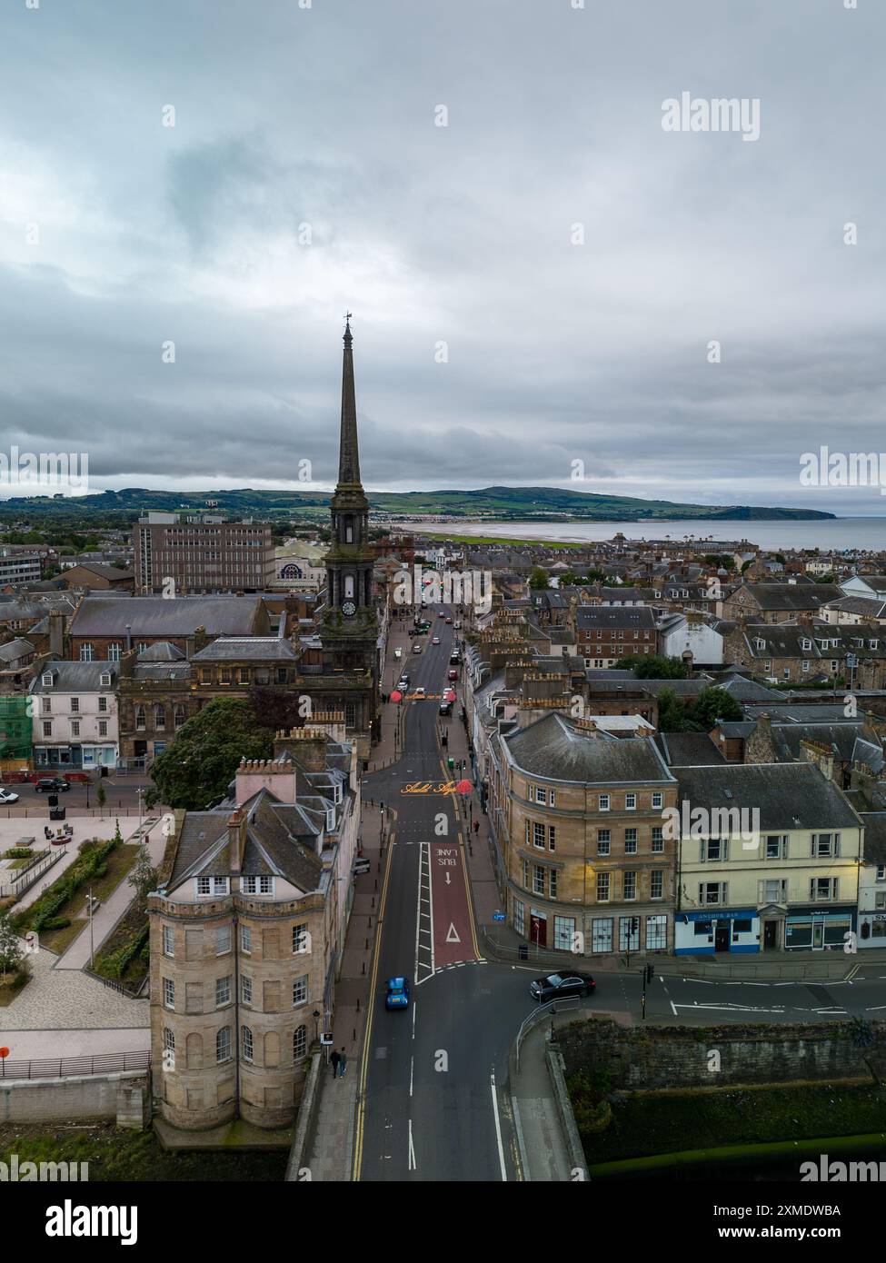 Aerial view of the town center of ayr, scotland, featuring a church ...