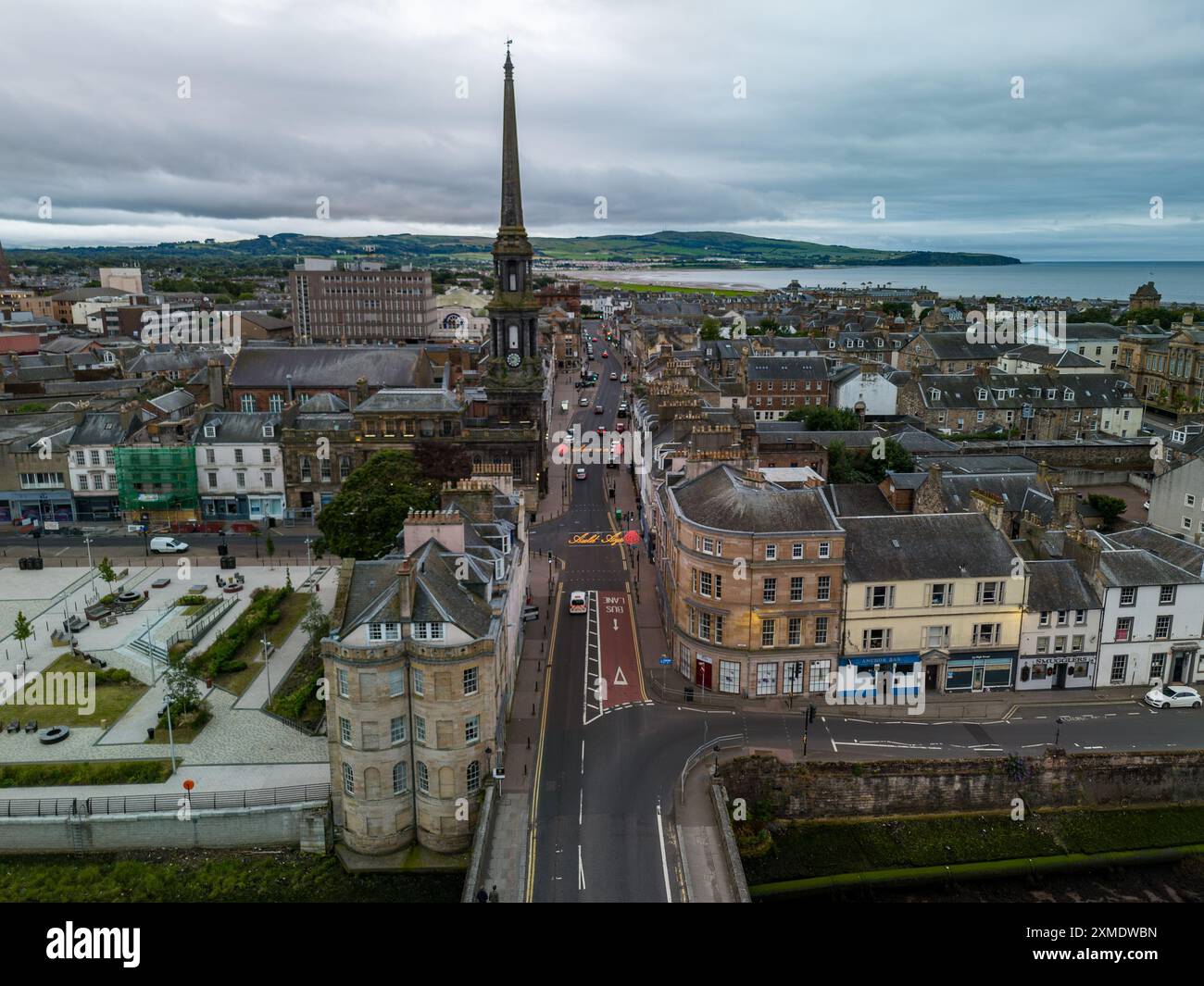 Aerial view of ayr town centre showing the river ayr flowing towards ...