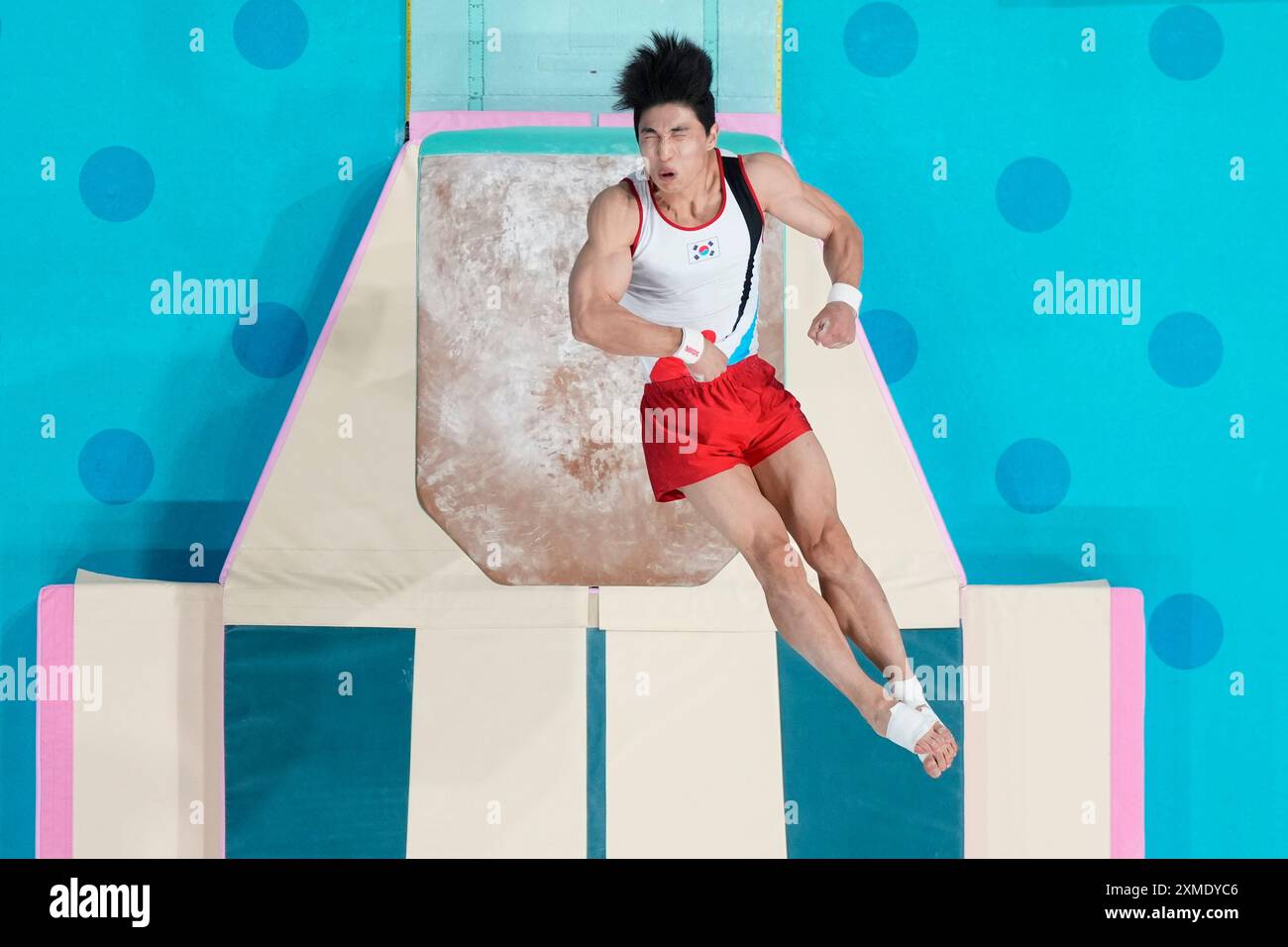 Junho Lee of South Korea performs on the vault during a men's artistic ...