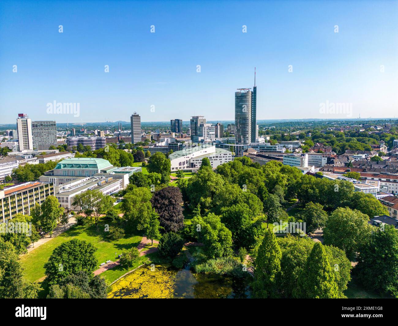 The skyline of Essen city centre, with the RWE Tower on the right and ...
