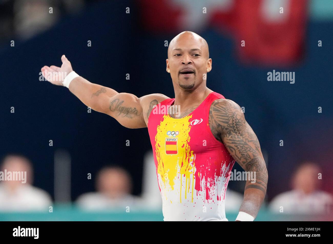 Rayderley Zapata, of Spain, celebrates after his floor routine during a ...