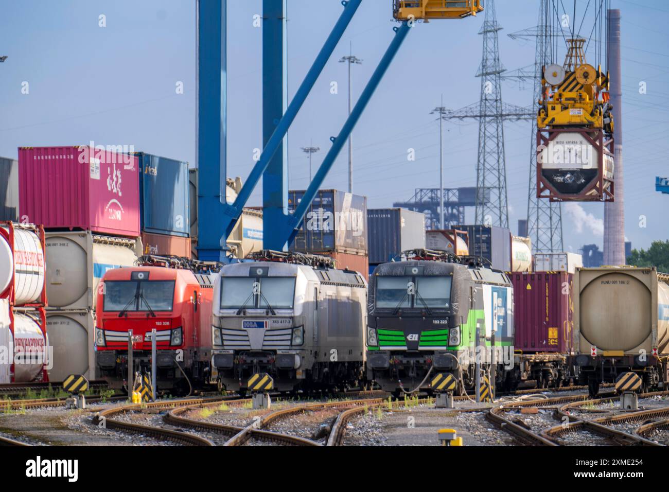 Locomotives of container trains, in Duisburg harbour, Logport, goods ...