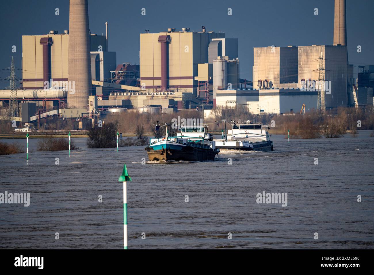 Cargo ships on the Rhine near Rheinberg, in the background the ...