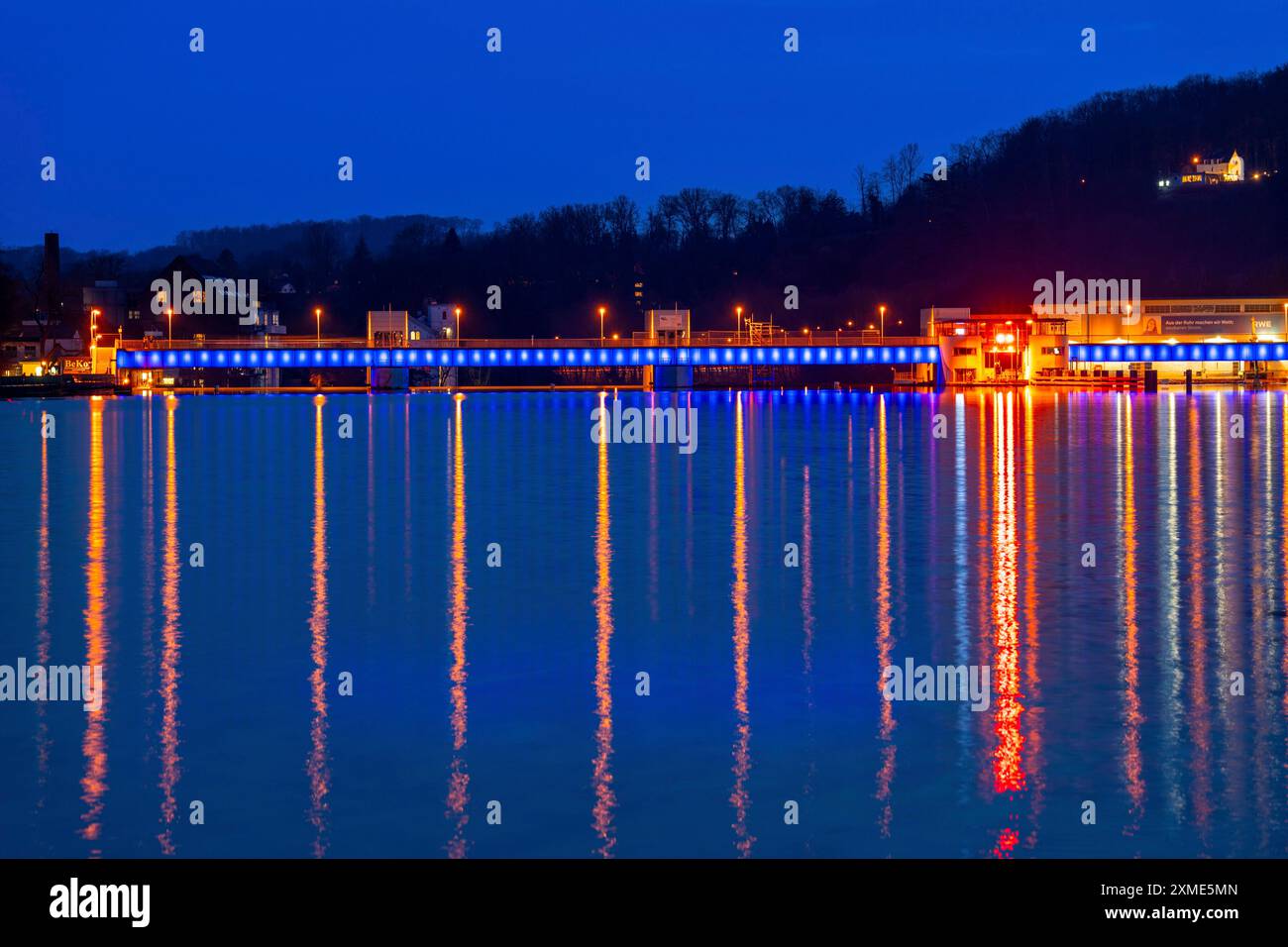 Lake Baldeney, illuminated weir, with lock, left and hydroelectric ...