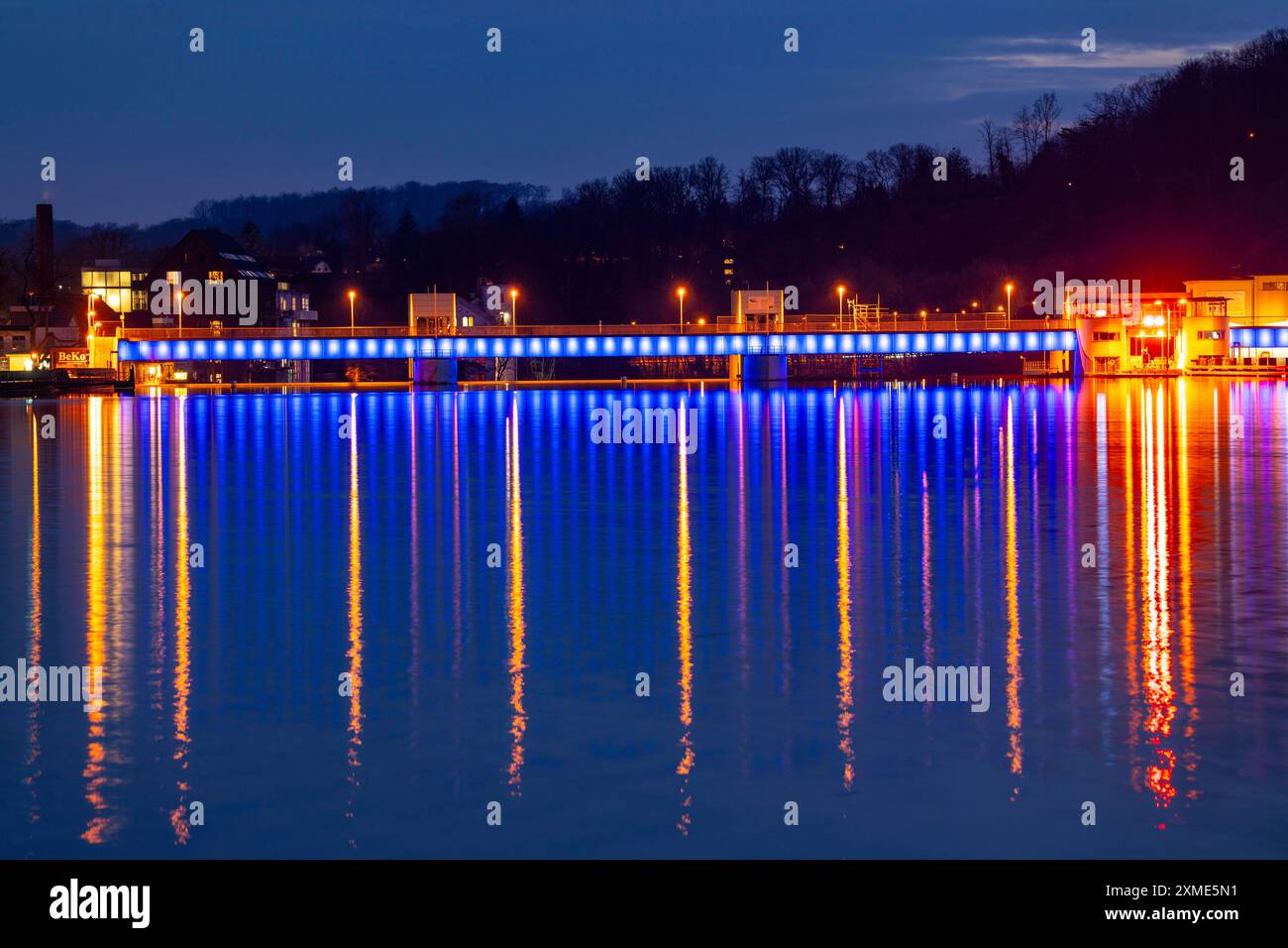 Lake Baldeney, illuminated weir, with lock, left and hydroelectric ...