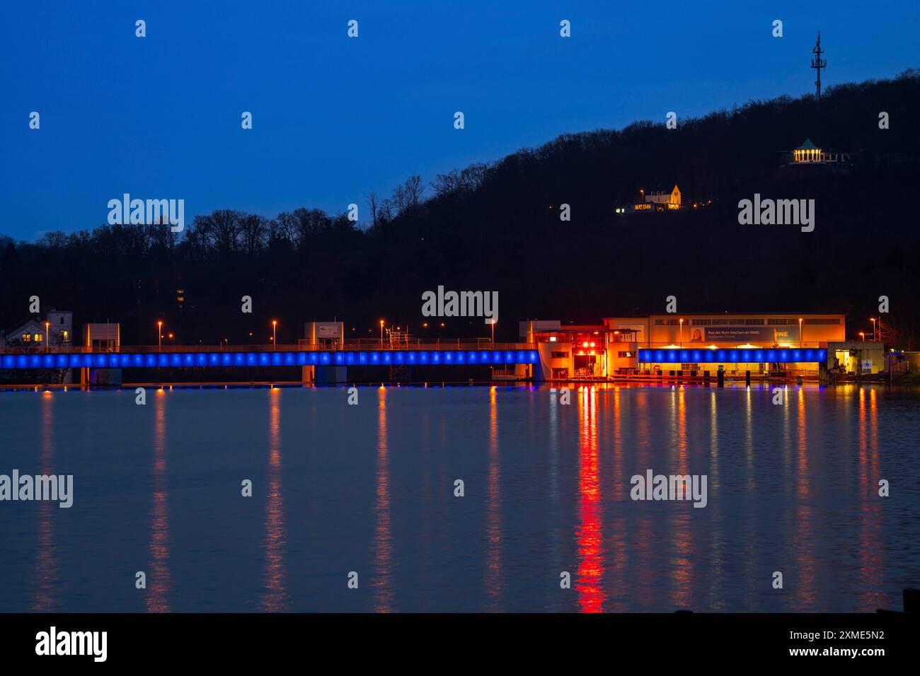 Lake Baldeney, illuminated weir, with lock, left and hydroelectric ...
