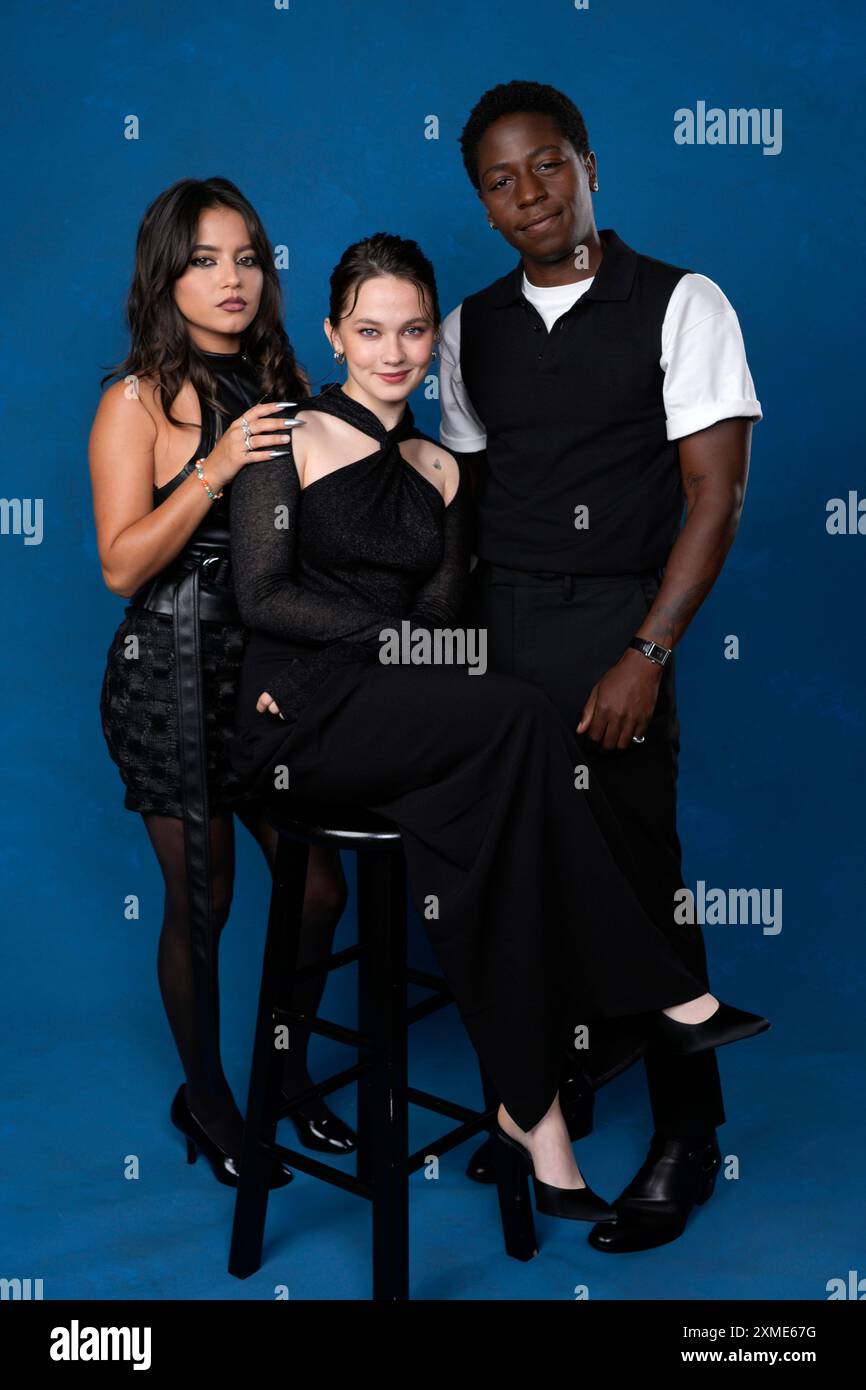 Isabela Merced, from left, Cailee Spaeny, and David Jonsson pose for a ...