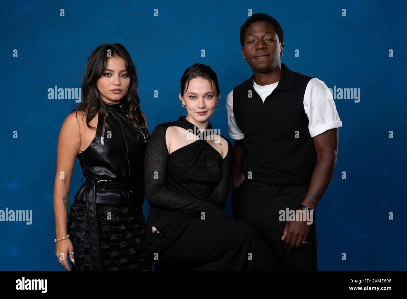 Isabela Merced, from left, Cailee Spaeny, and David Jonsson pose for a ...