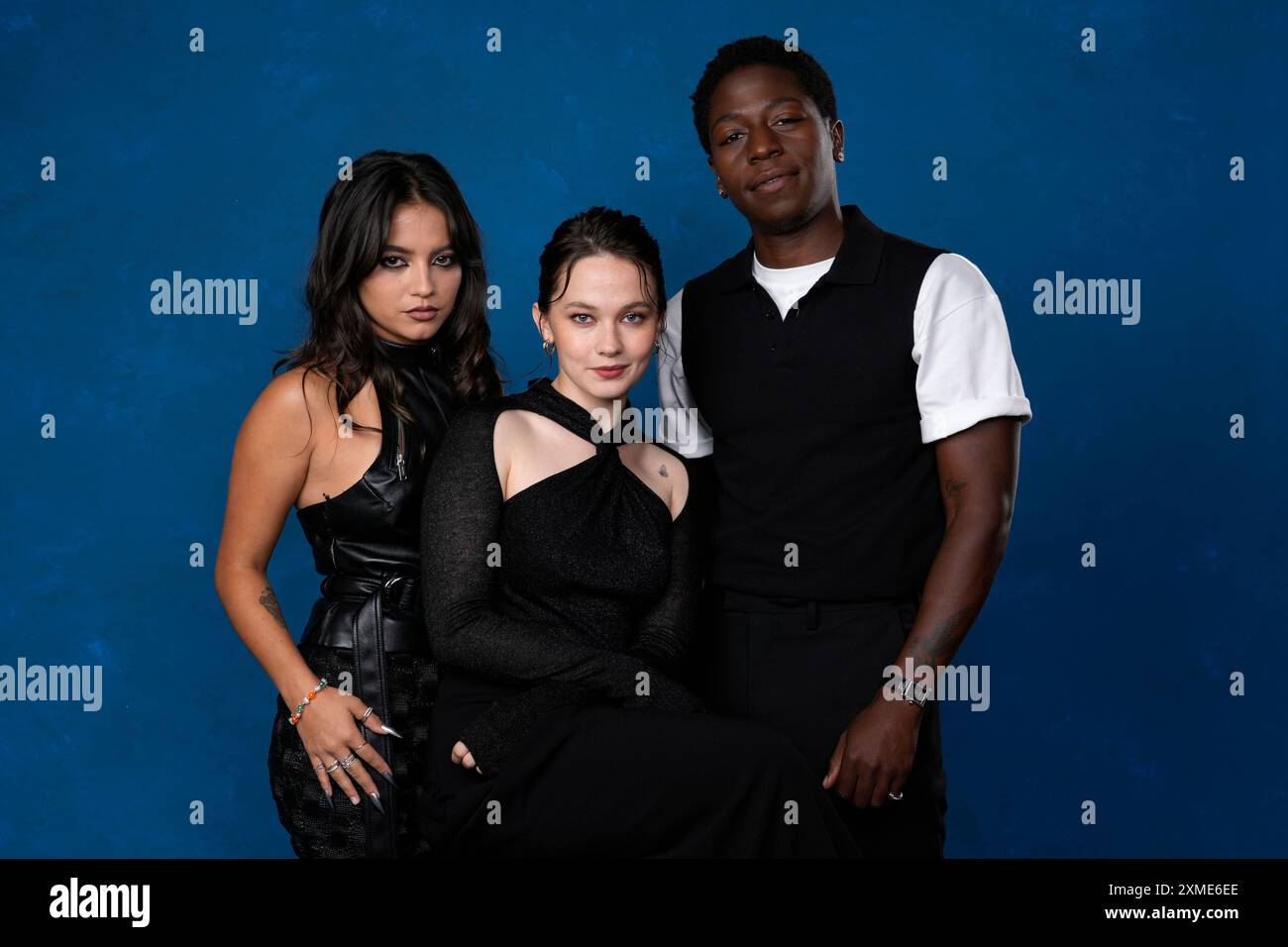 Isabela Merced, from left, Cailee Spaeny, and David Jonsson pose for a ...
