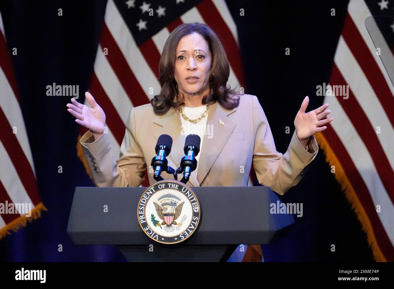 Vice President Kamala Harris delivers remarks at a campaign event in ...