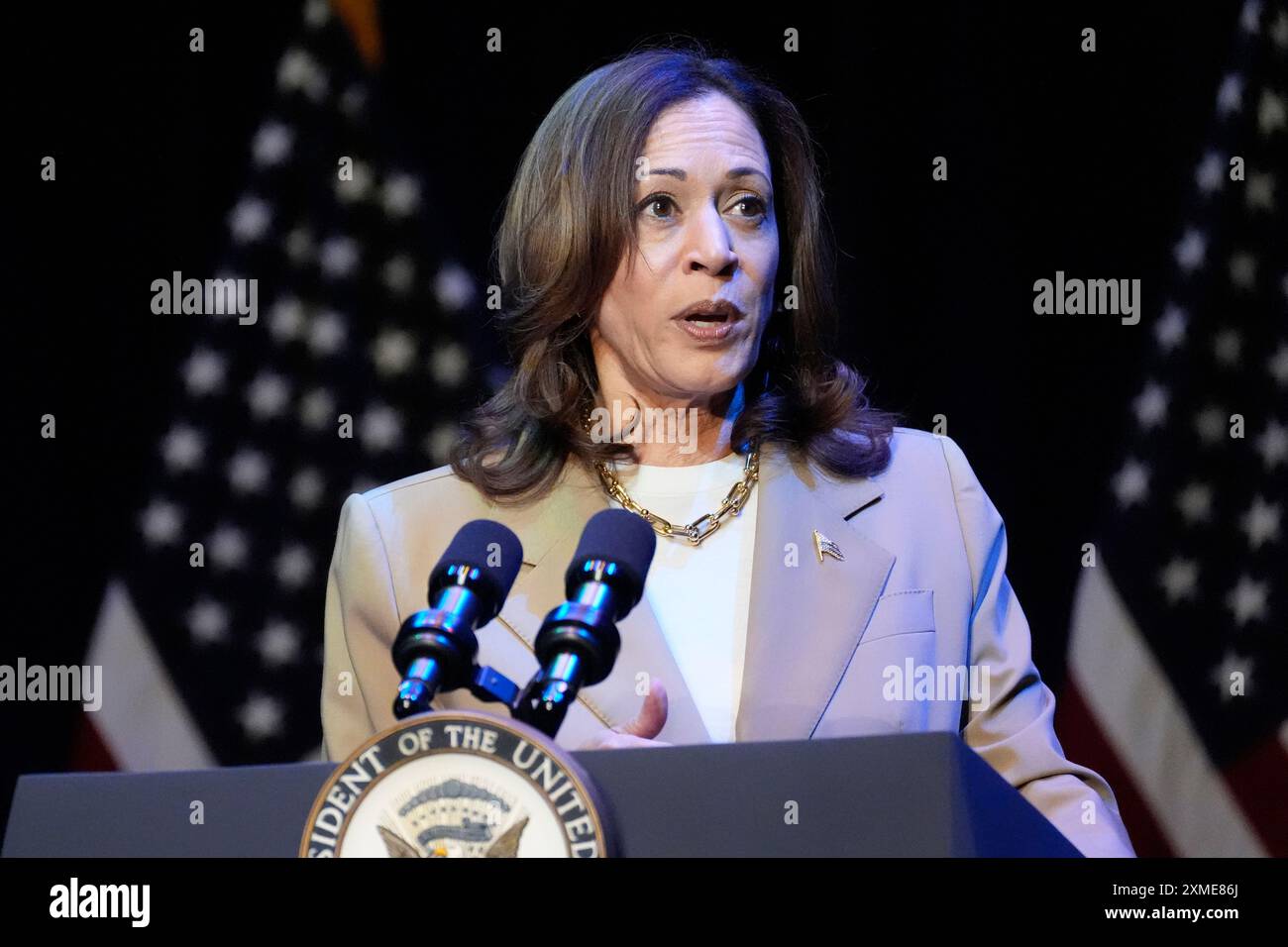 Vice President Kamala Harris delivers remarks at a campaign event in ...