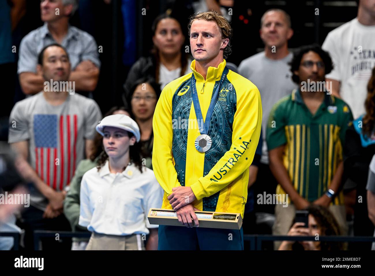 Elijah Winnington of Australia stands with the silver medal after ...