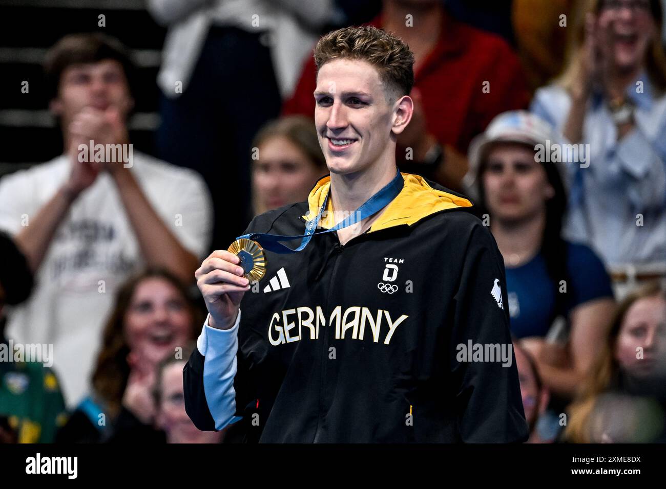 Lukas Martens of Germany shows the gold medal after competing in the ...