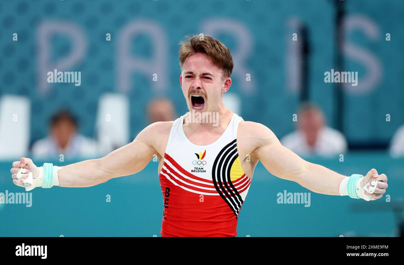 Paris, France. 27th July, 2024. Belgian Glen Cuyle celebrates after ...