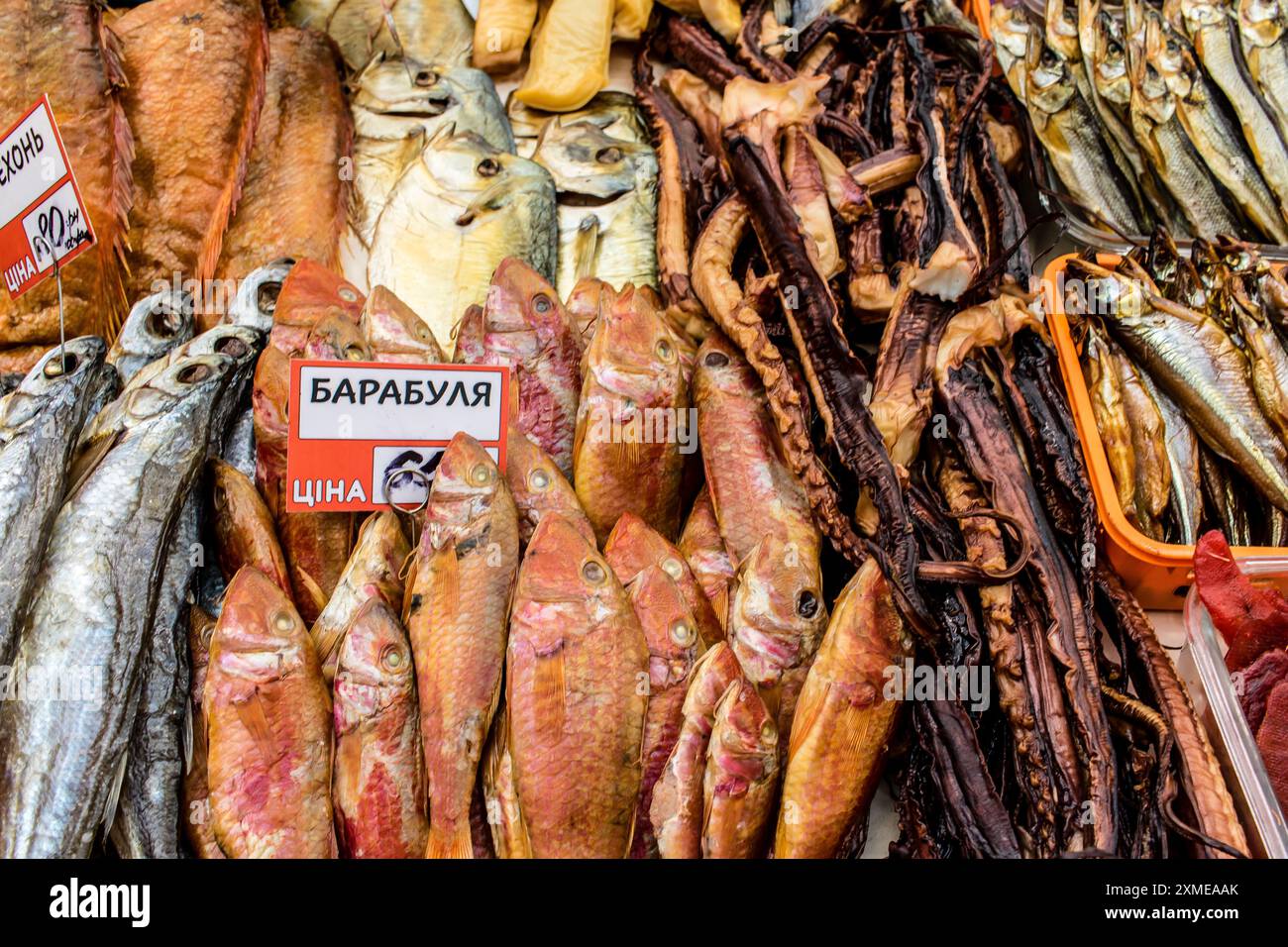 Odesa, Ukraine, July 27, 2024 Fishes and seafood sold at the famous ...