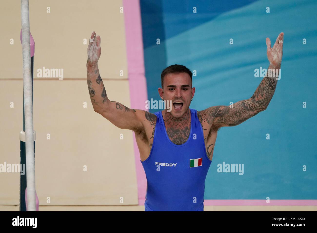 Nicola Bartolini Of Italy Celebrates After Performing On The Parallel Bars During A Mens