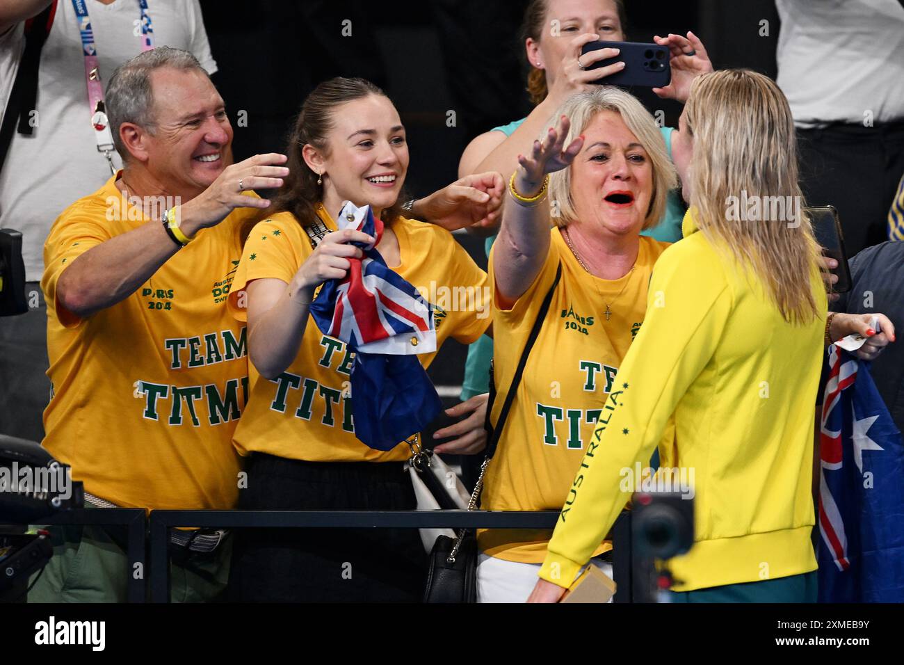 Paris, France. 27th July, 2024. Australia swimmer Ariarne Titmus reacts ...